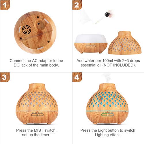 400ML Essential Oil Diffuser,Cool Mist air Scent Humidifier,Aromatherapy Diffuser with Remote Control Included and Waterless Safety Switch ,14 LED Colors for Large Room,Home