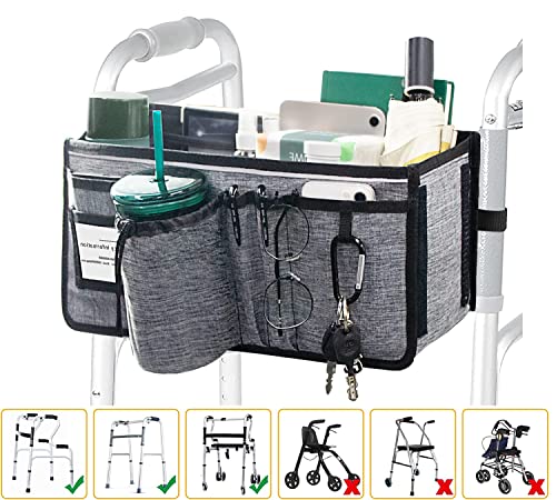 Basket for Walker, Ravmix Walker Accessories Bag with Cup Holder, Walker Basket for Folding Walker Hands-Free Storage Bag with Big Capacity & Never Tipping Over, Space Gray
