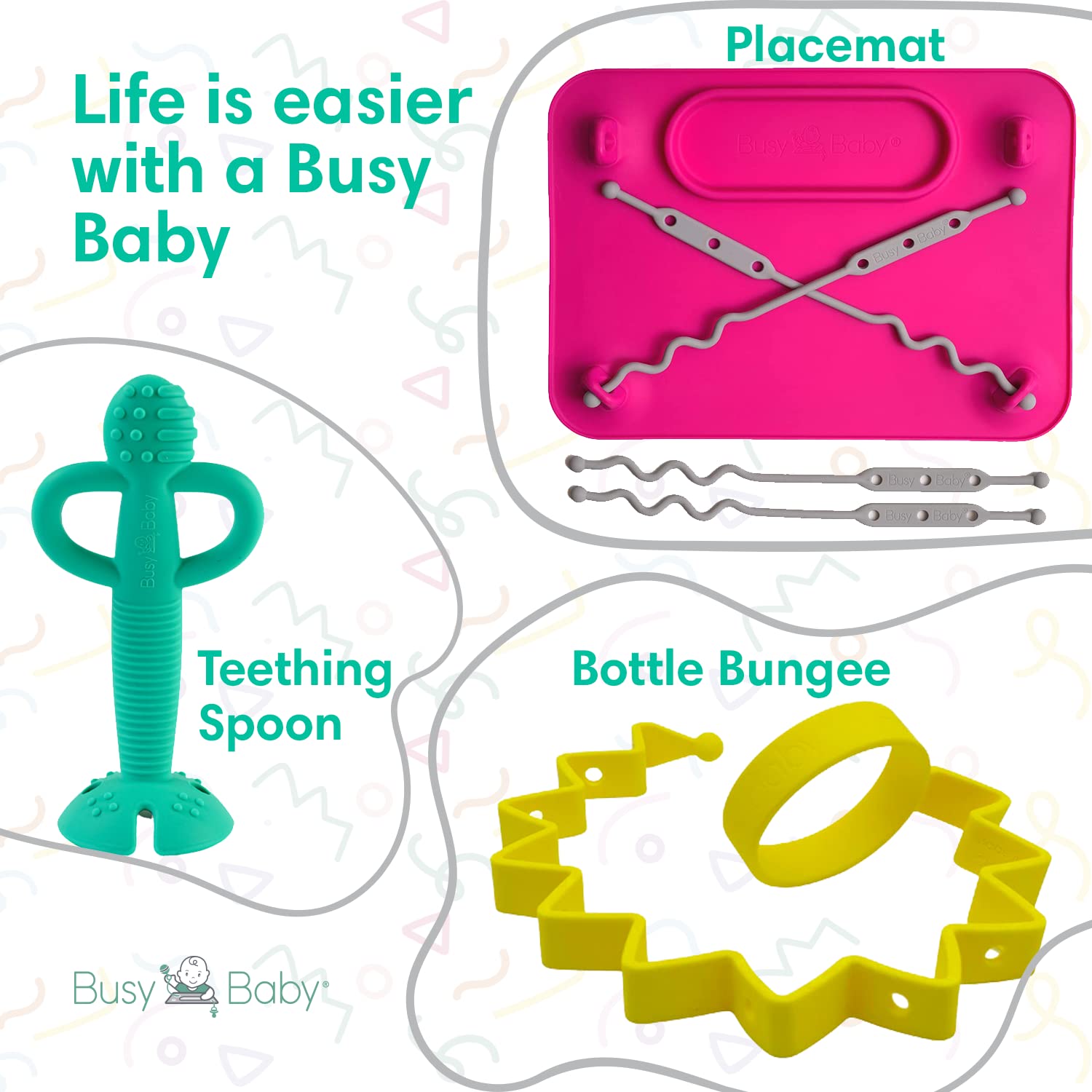 BUSY BABY Toy Bungee for Baby Toys, Dishwasher Safe, Made with 100% Food-Grade Silicone (Yellow)