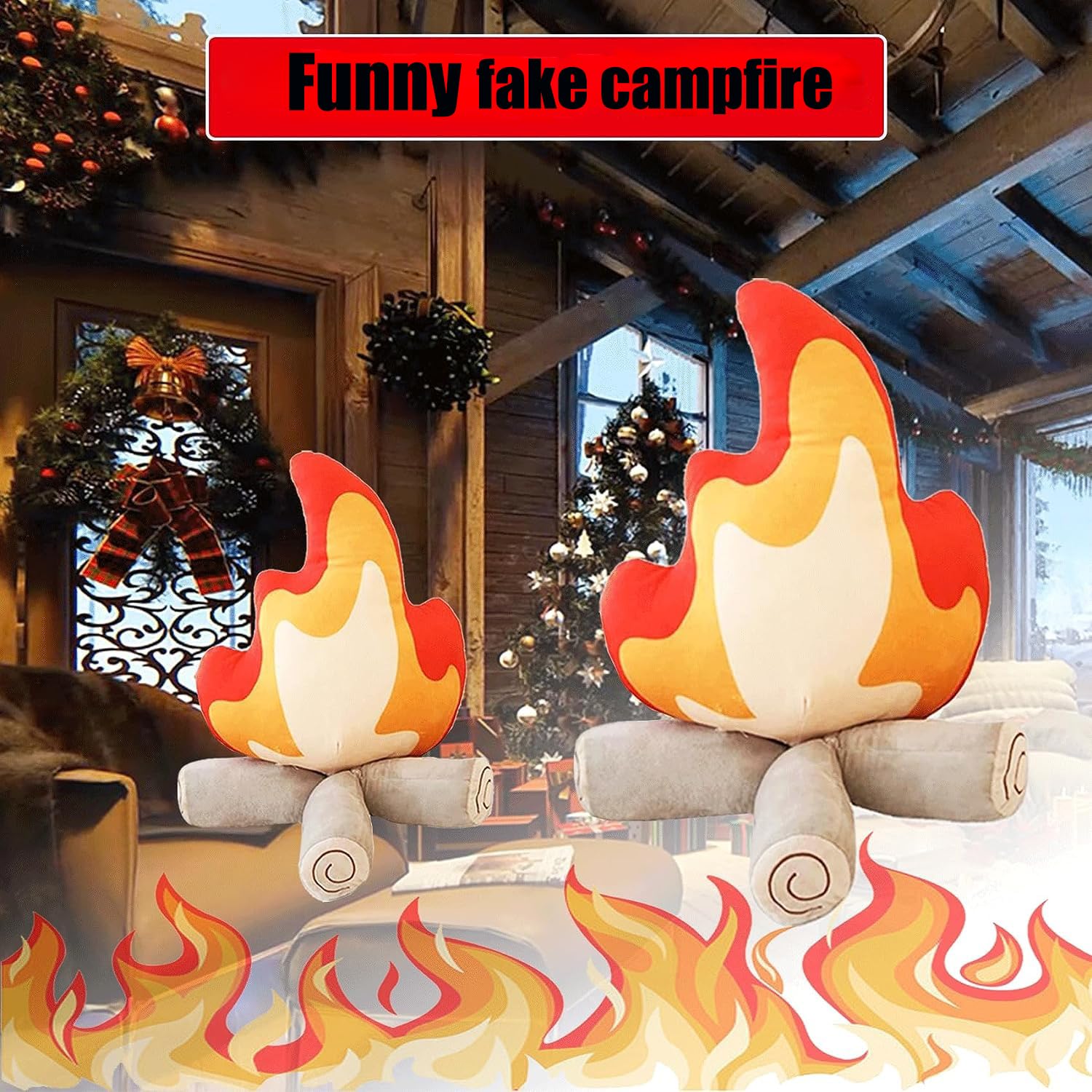 Chilifuli Funny Campfire Plush,12 in Simulation Fake Campfire Pillow, Soft Simulation Bonfire Stuffed Plushies Doll Fake Fire Firewood Plush Pillow, for Outdoor Camping Room Decor Kids Gifts (12 in)