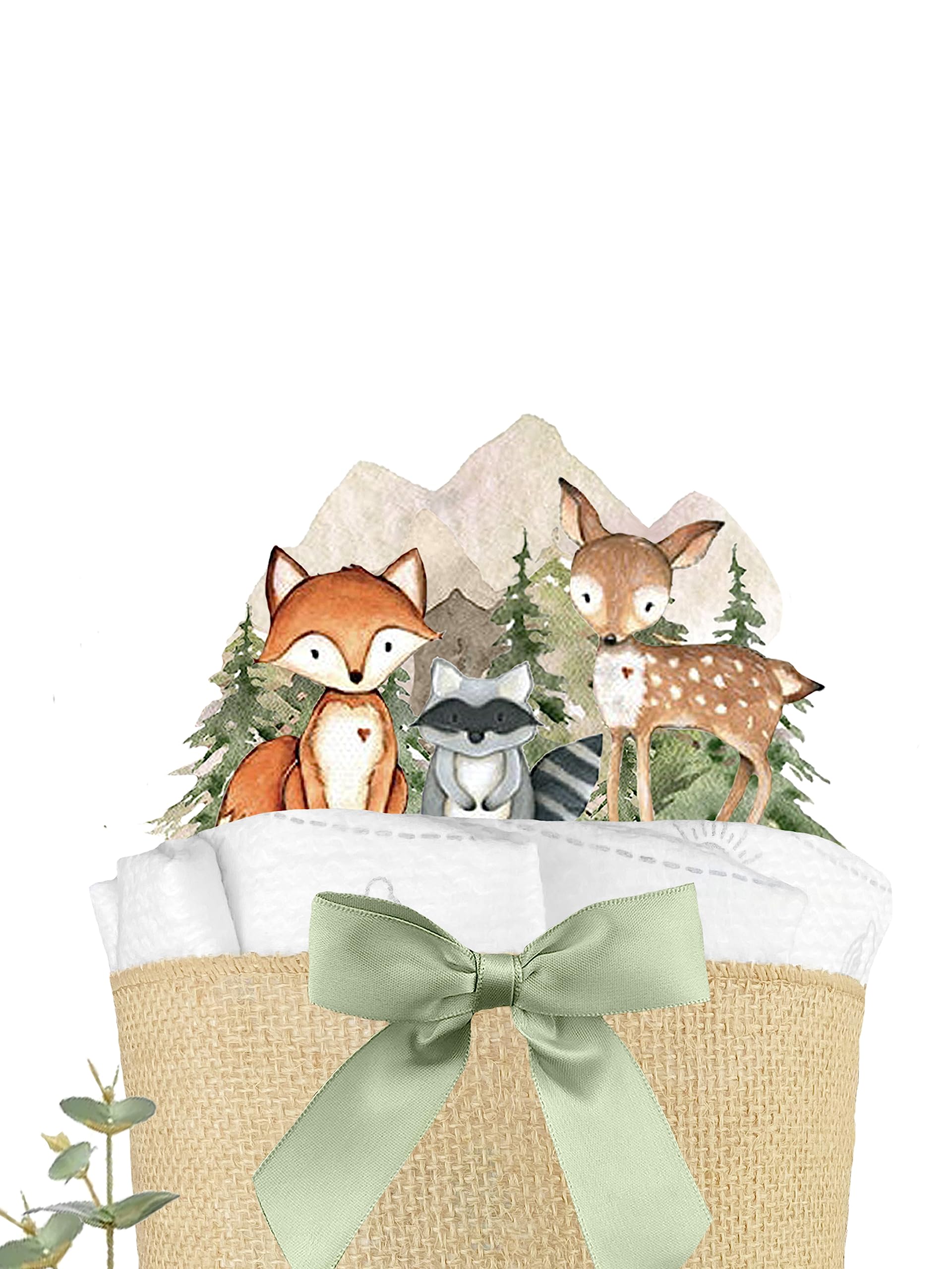 Woodland Creatures Diaper Cake - Gender Neutral Baby Gift - Burlap and Sage Green