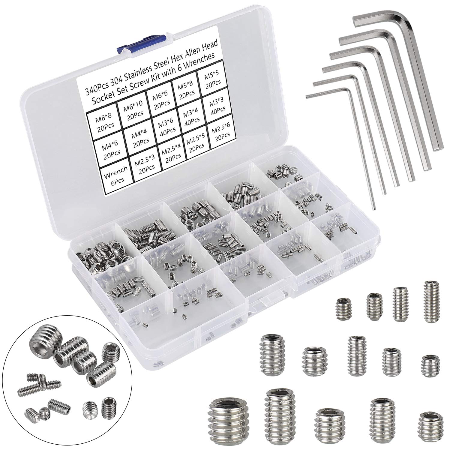 HanTof 340Pcs M2.5, M3, M4, M5, M6, M8 Metric Hex Socket Head Cup Point Set Screws, Allen Head Grub Screw, Internal Hex Drive Headless Set Screw Assortment Kit with 6 Hex Wrenches, 304 Stainless Steel