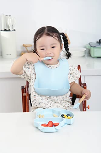 Silione Baby Feeding Set Including Baby Suction Plate/Todder Plates For Self Feeding Training With Divided Design/Soft spoon/Fork/Adjustable Bib Toddler Dish Kit(Grey C)