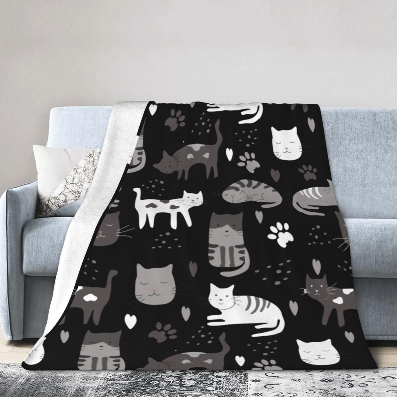 Perinsto Cats Paws Naive Childish (Black) Throw Blanket Ultra Soft Warm All Season Decorative Fleece Blankets for Bed Chair Car Sofa Couch Bedroom 60"X50"