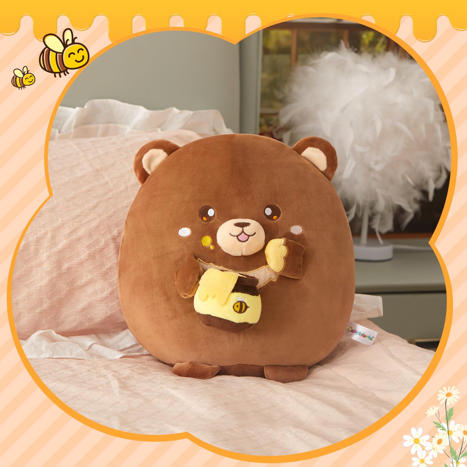 CozyWorld 12“ Honey Bear Plush Pillow,Teddy Bear Plush Stuffed Animal Gifts for Girlfriend Kids,Ultra Soft Snacks Plush Toy,Brown Bear with Honey Pot