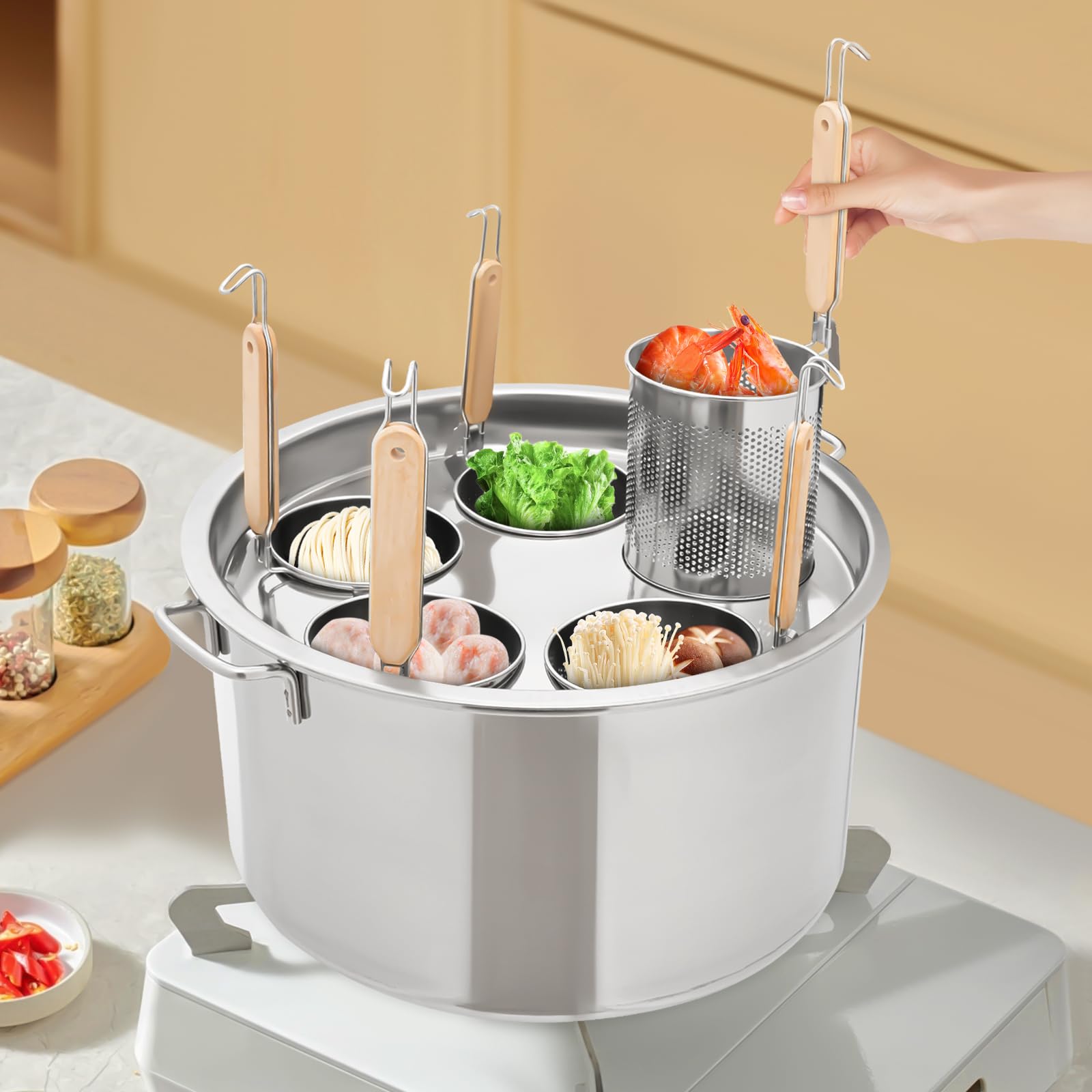 5 Holes Pasta Cooker,Insert Set Stainless Steel Pasta Pot,Lightweight Pasta Cooking Tool With Strainer Basket for Home Kitchen Restaurant 37L/39qt
