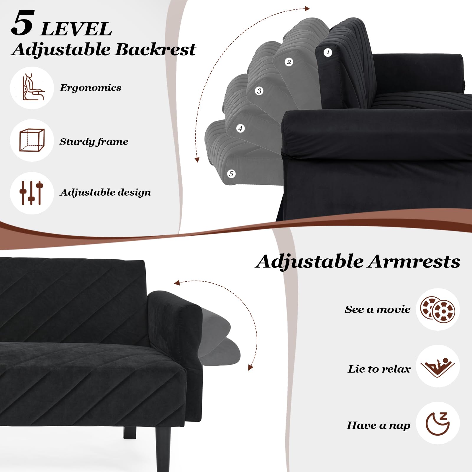 87 Inch Futon Sofa Bed, Modern Convertible Sleeper Futon Couch with Adjustable Armrests and Backrest, Velvet Oversized Loveseat Sofa Couch for Living Room, Apartment,Black