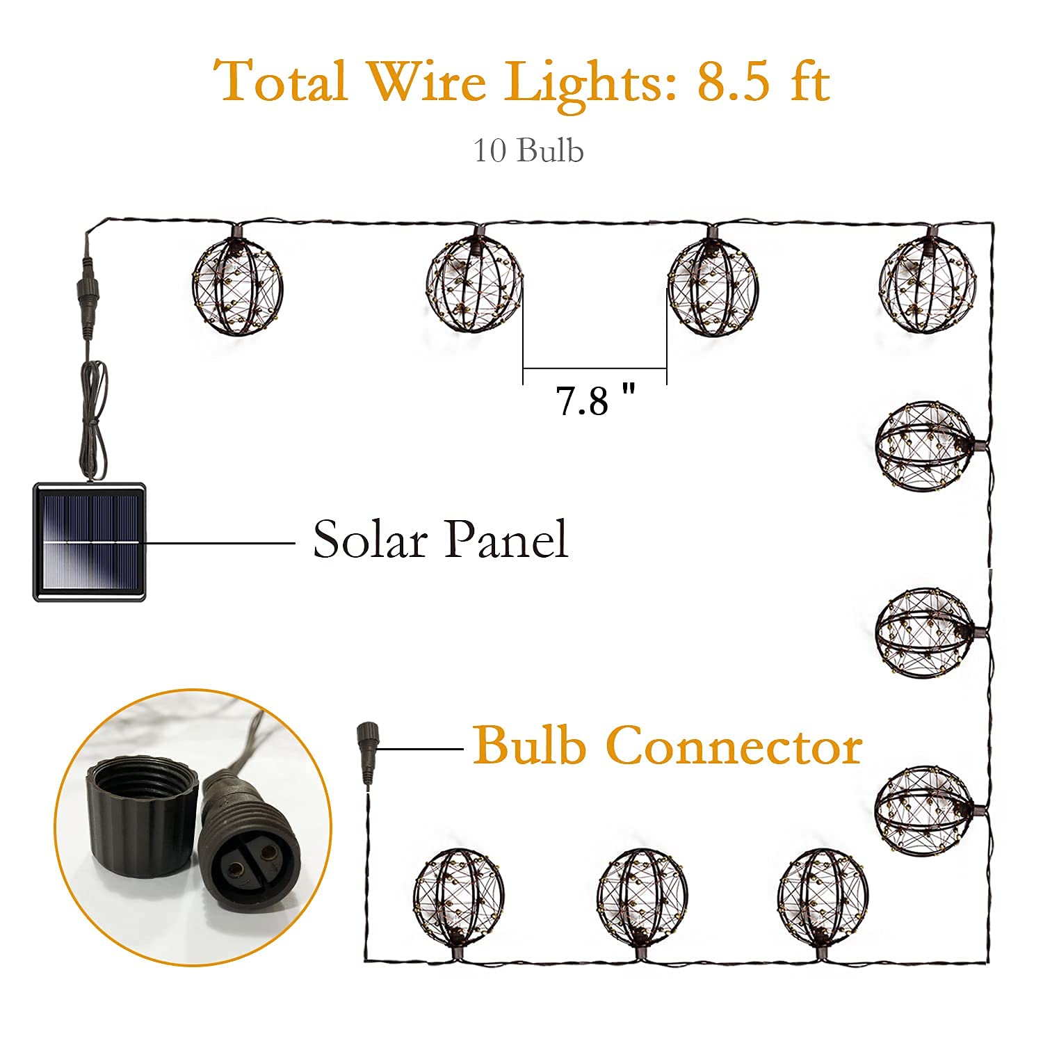 Solar Rattan Ball String Lights Outdoor Waterproof 8.5ft Led Decorative Light with Beaded Copper, Rattan Ball Outside Lighting for Christmas, Patio,Party, Backyard, Porch, Garden, Balcony, Warm White