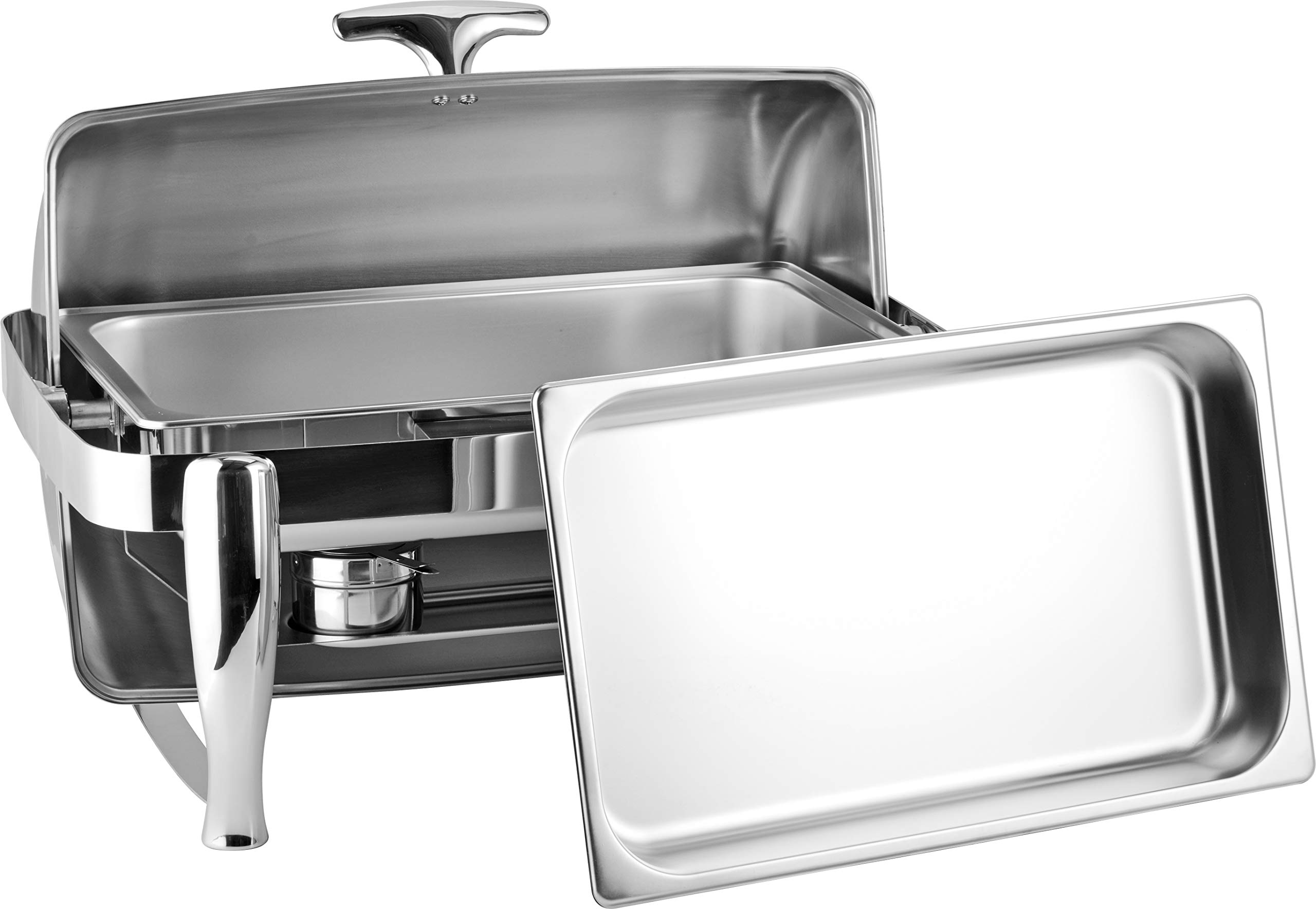 CHEFQ Virtuosa Stainless Steel Oblong 8QT Chafer, Roll-top Set Includes Food Pan, Water Pan and Fuel Holders – Durable, shiny silver, keeps food warm in catered events + CHEFS APRON