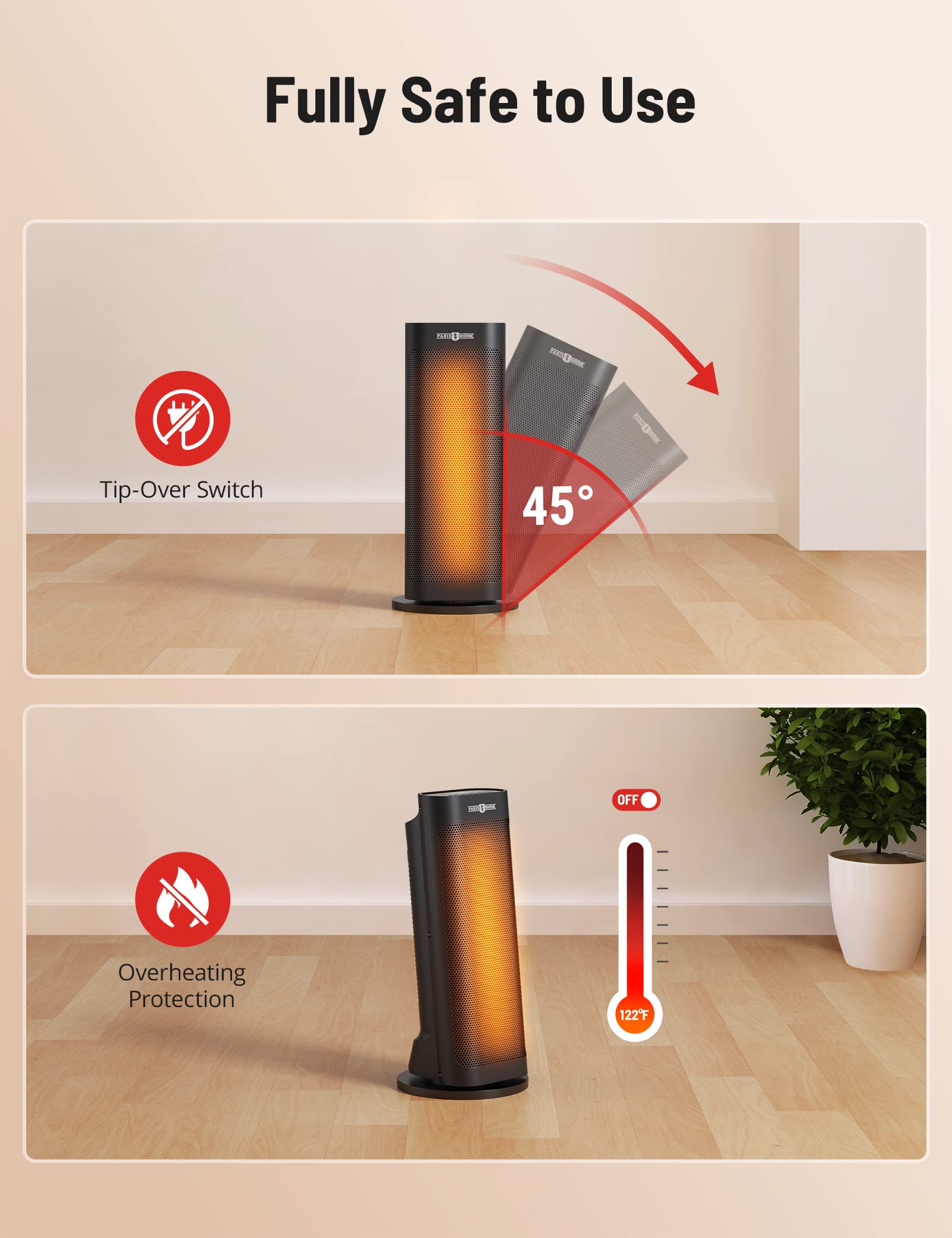 Space Heater, Portable Electric 1500W PTC Fast Heating Indoor Ceramic Oscillating PARIS RHÔNE Heater with Remote Control Thermostat ECO Mode 12H Timer Tip-Over & Overheating Protection LED Display
