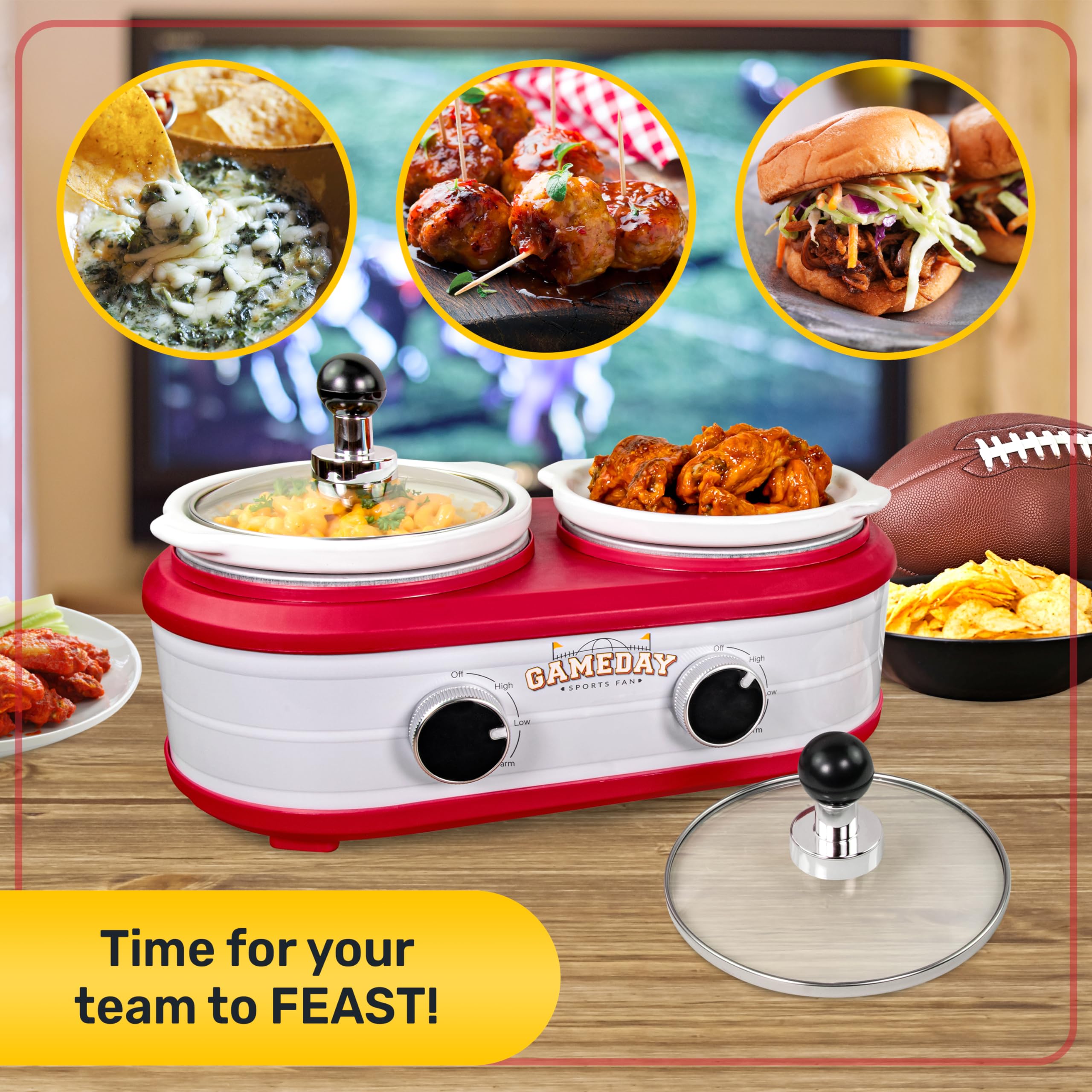 Nostalgia Game Day 2.5-Quart 2-Section Slow Cooker with Lid and Ladle, Keg-Like Design, Cooks Chicken Wings, Meatballs, Chilli, Cheese, Soup, Stews, and More