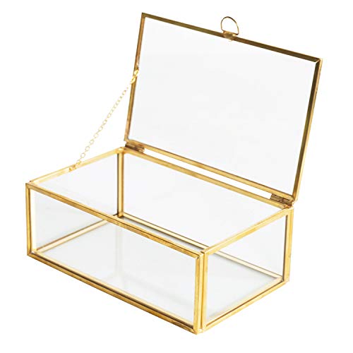 Copper Golden Vintage Glass Lidded Box Bracelet Keepsake Decorative Jewelry Display Personalized Large Clear Rectangle Box Rings Bracelet Golden Organizer Home Decor (Meas: 5.75x3.5x2 in)