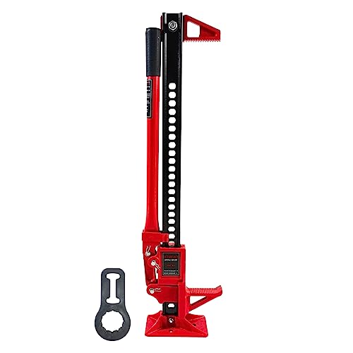 AoKuElec Heavy Duty Farm Jack 33 inch, High Lift Ratcheting Off Road Utility Jack with Wide Base, Cast and Steel, Stand 6000 lbs/3 Tons Capacity Red
