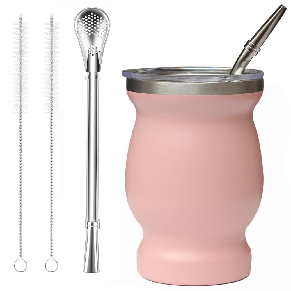 Beruth Bombilla Yerba Mate Gourd, 8oz Stainless Steel Tea Cup Set with a Multifunctional Lid, Two Straws and Cleaning Brushes, Double Walled Coffee Mug Heat Insulation Anti Scalding (Peachy Pink)