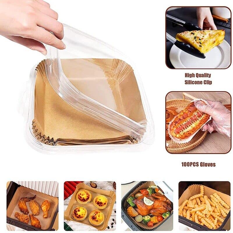 Air Fryer Disposable Liners Square - 8 Inch Air Fryer Disposable Baking Paper Roasting Microwave Food Grade Baking Fryer Disposable Paper 100 Pcs Disposable Plate Brown