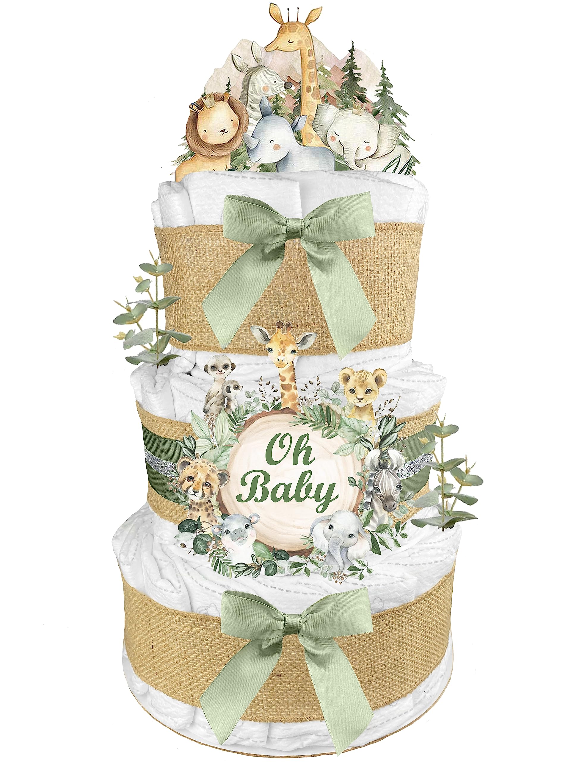 Safari Diaper Cake - Gender Neutral Baby Gift - Gender Reveal - Burlap and Sage Green