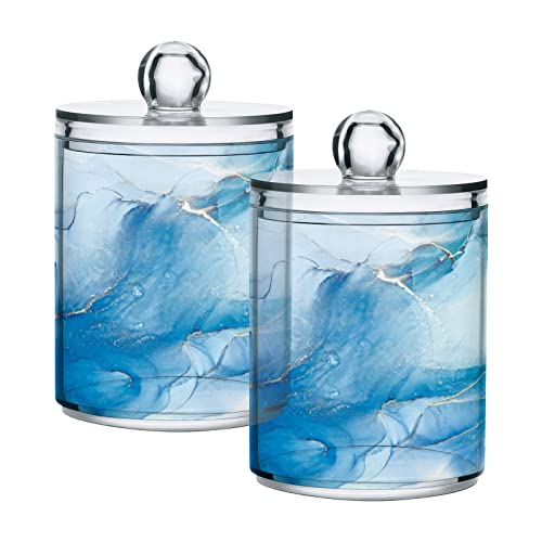 ALAZA 2 Pack Qtip Holder Dispenser Teal Turquoise Marble Bathroom Organizer Canisters for Cotton Balls/Swabs/Pads/Floss,Blue Marble Plastic Apothecary Jars for Vanity