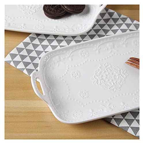 AMDSS Dinner Plate 2pcs Set,10+12inch, White Embossed Porcelain Square Tray with Handle, Ceramic Buffet Tray, Chafing Dish, Display Plate