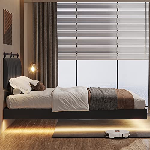 Hasuit Queen Floating Bed Frame with Led Light, Modern Inspired Queen Size Bed Platform, Vegan Leather Upholstered Wall Mounted Headboard, No Box Spring Needed, Noise Free, Easy Assembly