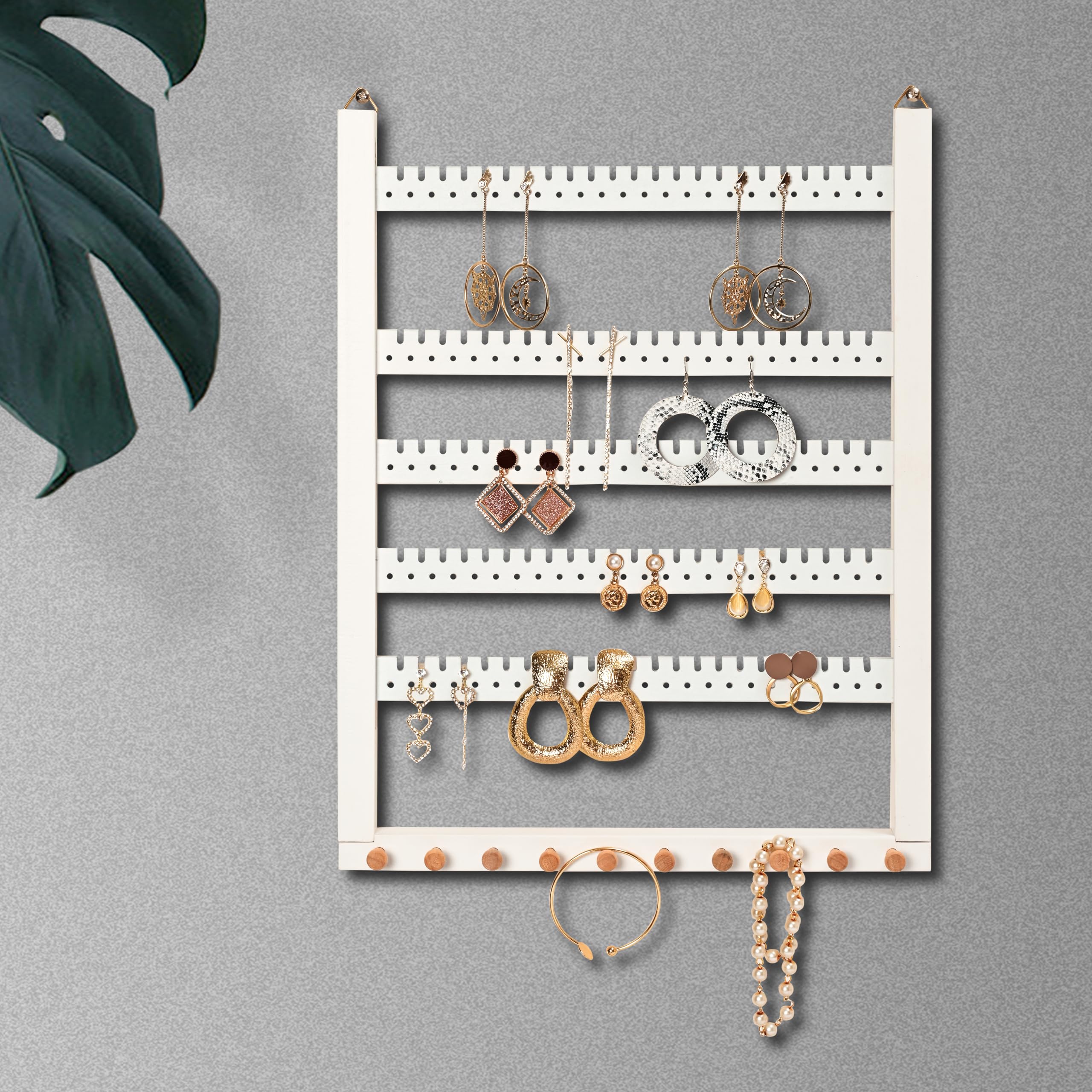 Wall Mounted Earring Organizer, Earring Holder Organizer Wall,Solid Wood Earring Hanging Jewelry Organizer and Storage, Wooden Necklace Holder, Earring Display for Studs, Dangling, Bracelet and Rings