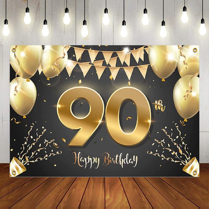 90th Black Gold Banner Photography Backdrop Balloons Crown Confetti Cheers 90 Years Old Decor Anniversary Background Banner 150x100
