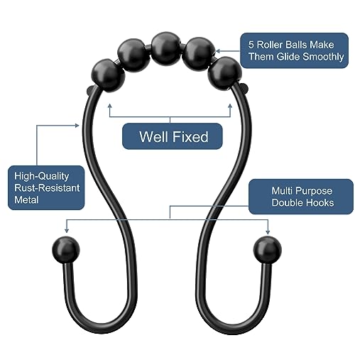 BBLHOME Shower Curtain Hooks, Shower Curtain Rings Rust Proof Metal Smooth Glide Double Shower Curtain Hooks for Bathroom Shower Curtains Rod, Kitchen Utensils,Towels, Set of 12,Black