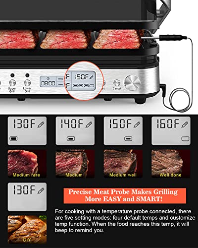5 in 1 Indoor Grill, Panini Press Grill Sandwich Maker, CATTLEMAN CUISINE Electric Contact Grill and Griddle with Removable Nonstick Grill Plates, Smart Probe, LCD Display, Stainless Steel, 1600W