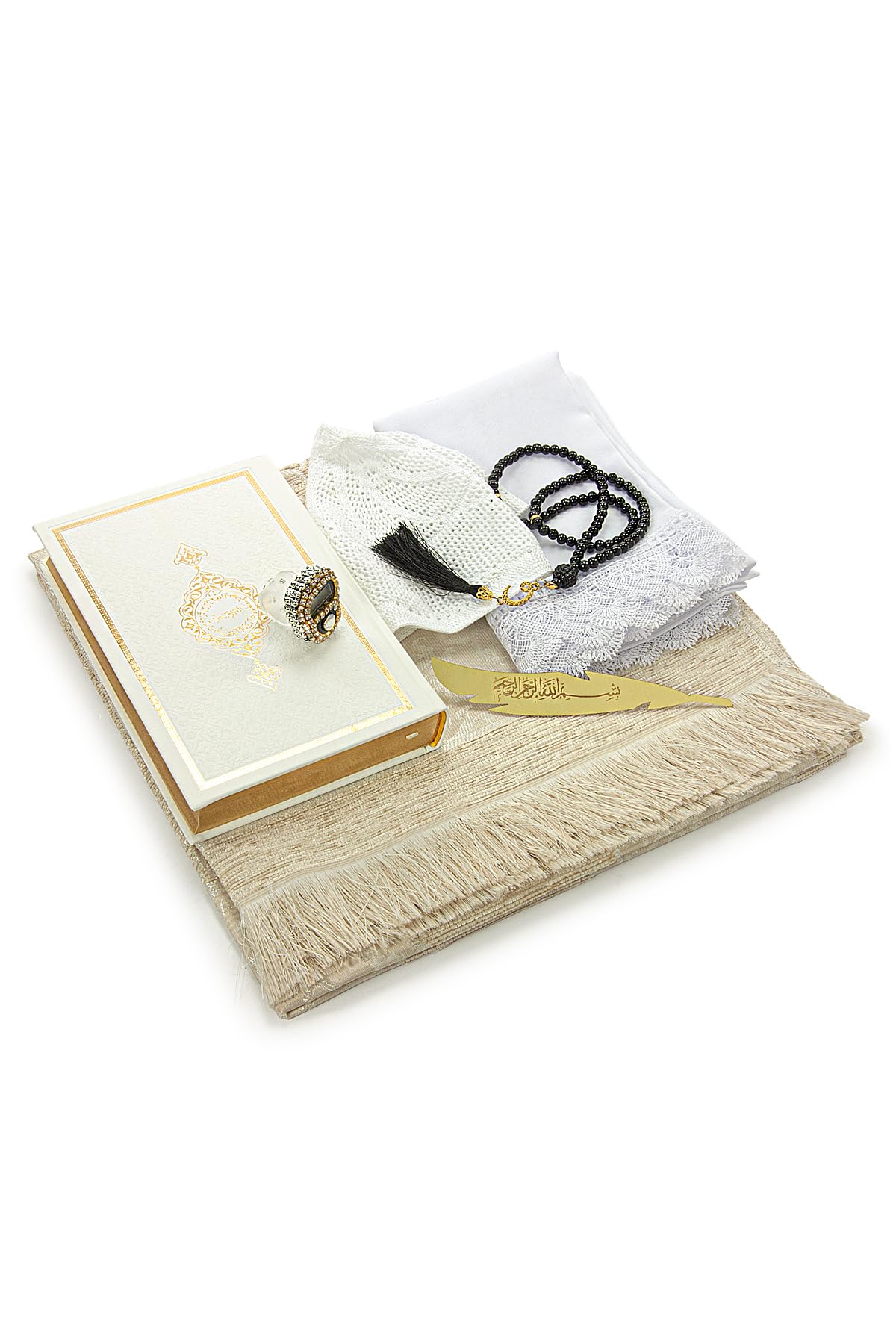 ihvan online Muslim Prayer Rug Set, Islamic Gift Box Suit for Groom Bride, Shawl, Kufi Hat, Digital Beads Counter, Quran Gift Set, Elegant Islam Set for Ramadan (White)