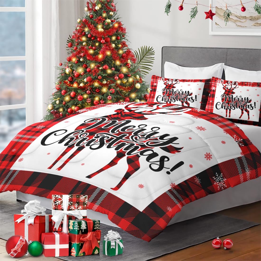 WeCozy King Size Comforter Set with 2 Pillowcases, Merry Christmas Happy Santa Claus Soft 3 Pcs Bedding Set for Kids and Adults Bedroom Bed Decor