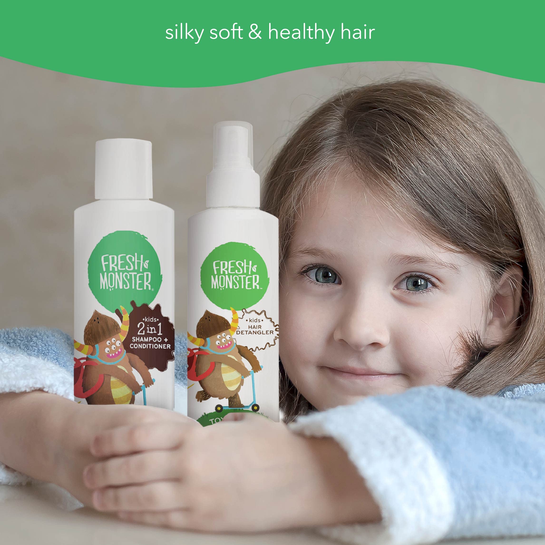 Fresh Monster Hair Detangler Spray & 2-in-1 Shampoo & Conditioner, Coconut, Toxin-Free, Hypoallergenic & Natural (8.5 oz each)