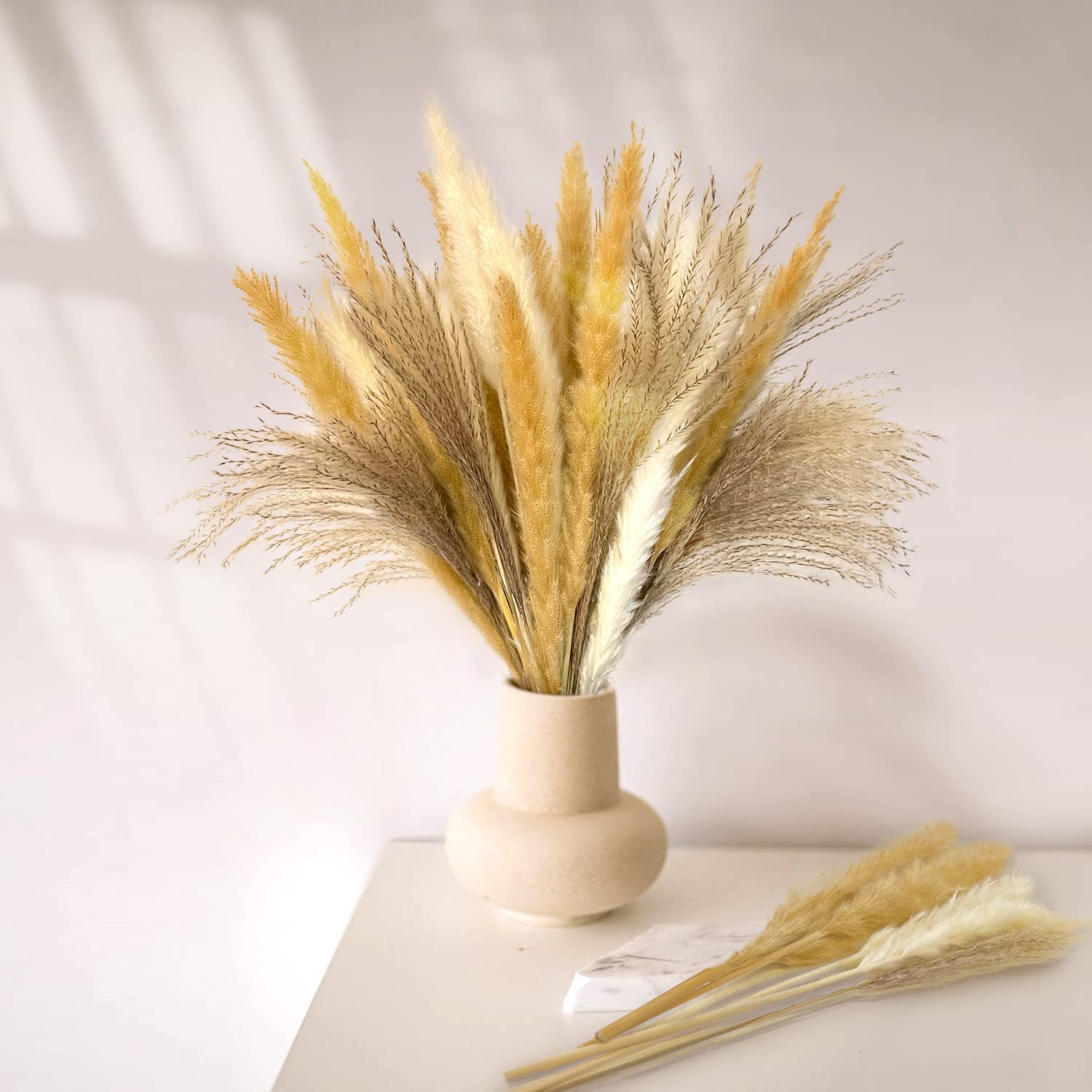EVOLUX Pampas Grass Decor,60 Pcs Natural Dried Pampas Grass|15 Pcs White & 15 Pcs Beige & 30 Pcs Reed Grass,17" Pompas Grass for Flowers Arrangement Home Garden Wedding Decor