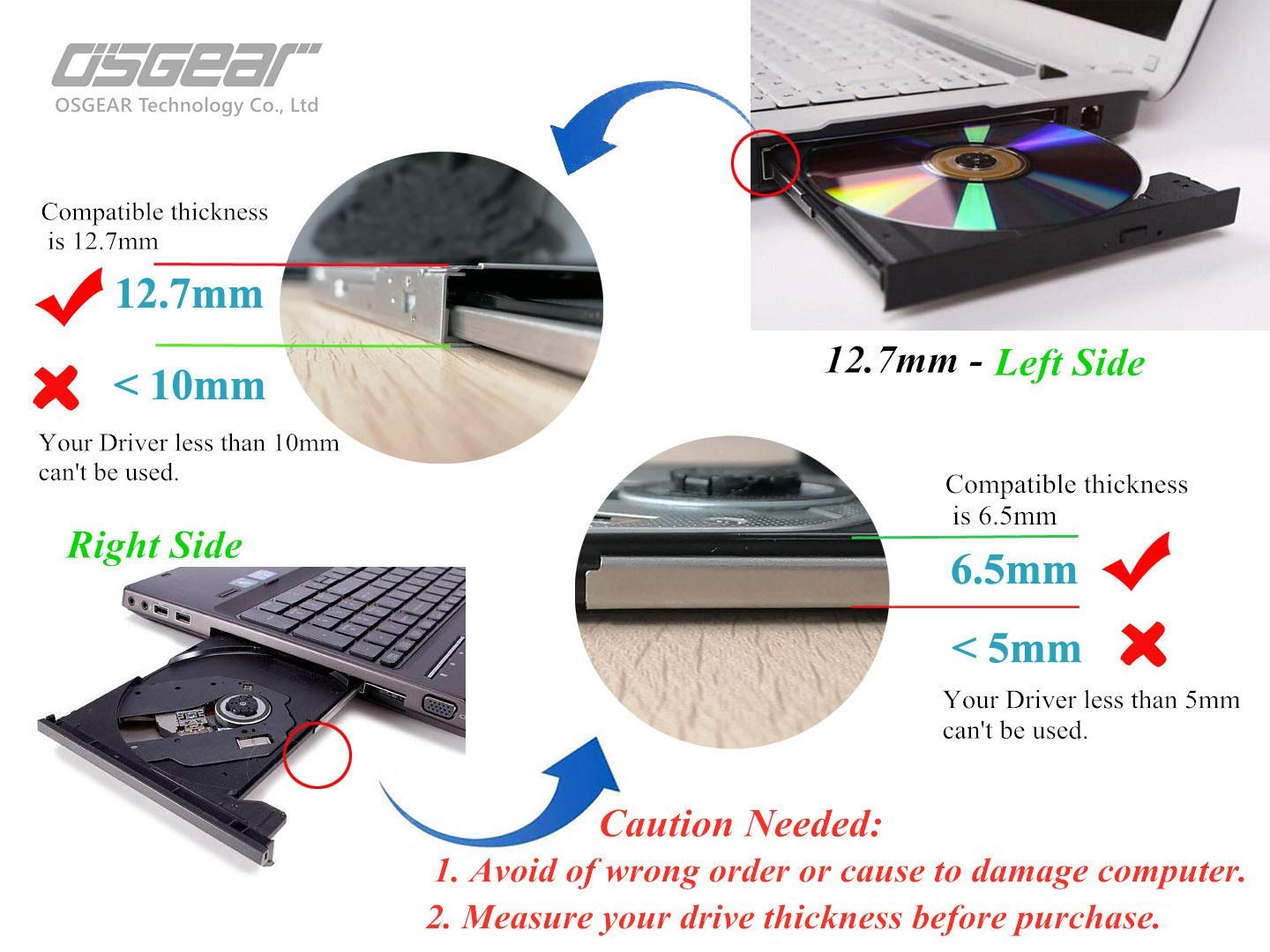 OSGEAR Internal Thick 12.7mm SATA 8X DVDRW CD DVD RW ROM Burner Writer Laptop Replacement PC Mac Tray Loading Drive for Asus Acer HP Dell Lenovo Samsung Sony