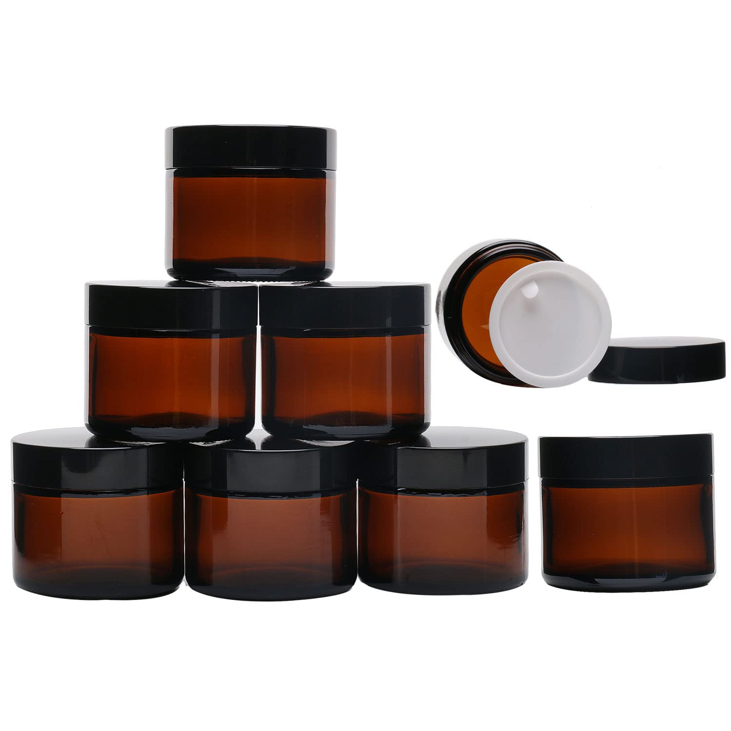 8Pack,1OZ Amber Round Glass bottle,Jars with 8 Lids, Empty Cosmetic Containers with Inner Liners,for Beauty Products, Cosmetic, Lotion, Powders,Cream Travel Home Container Storage (1 oz)