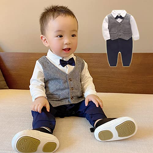 Fairy Baby Formal Baby Boy Outfit One-Piece Romper Gentleman Dress Clothes 0-3 Months, Silver Grey