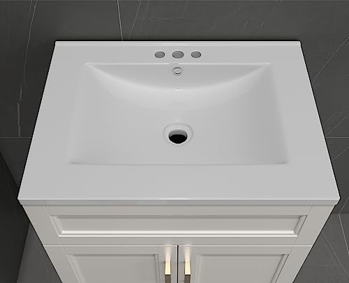 Bathroom Vanity with Sink 24 Inch, Wooden Double Door Bathroom Storage Vanity, Small Quick Assembly Bathroom Cabinet, White & Grey, White - Faucets and Downpipes Not Included (White)