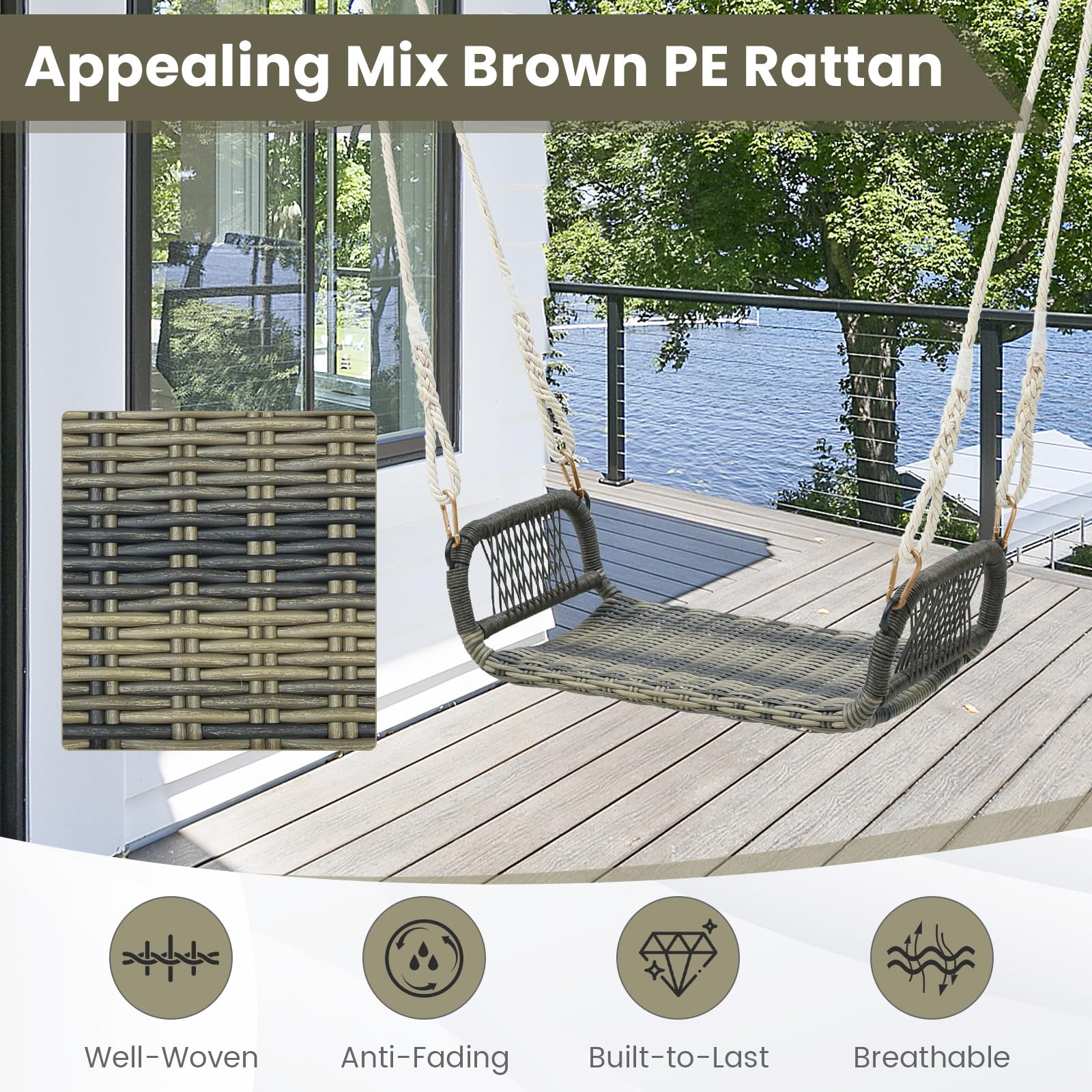 HAPPYGRILL Wicker Porch Swing, Curved Rattan Swing Seat with Cozy Armrests, Patio Wicker Tree Swing with 2 Hanging Hemp Ropes, Outdoor Swing Chair for Front Porch Backyard