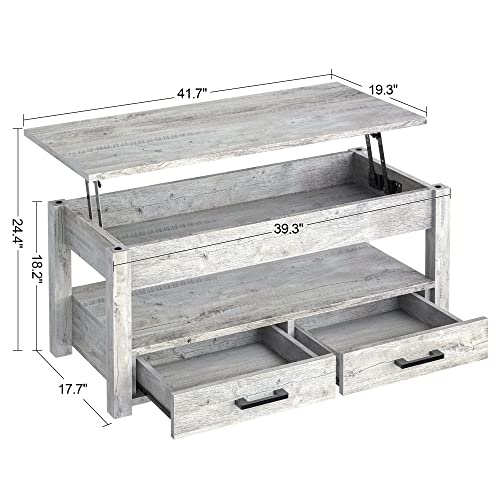 FABATO 41.7'' Lift Top Coffee Table with Hidden Compartment for Living Room, Mid-Century Cocktail Table with 2 Storage Drawers Wood Tea Center Table for Home Office, Gray