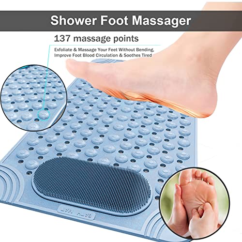 Bathtub Mat Non-Slip Rubber Shower with Drain Holes Suction Cups, Quick Easy Cleaning, Feet Massage, Bath for Tub & Stall Bathroom, Machine Washable (27.5Γ14.2in, Blue)