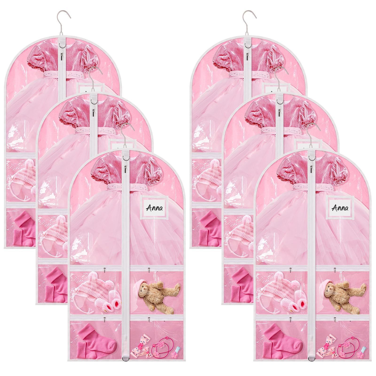 6 Pcs Kids Dance Costume Garment Bag Garment Bags for Hanging Clothes Clear Garment Bags Dance Garment Bags for Dancers with 5 Zipper Pockets Closet Hanging Clothes Cover (Pink,37 x 21 Inch)
