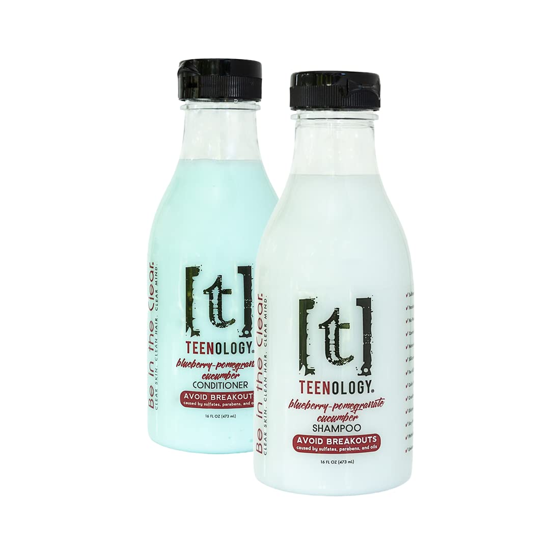 Teenology Shampoo and Conditioner Bundle (Save 5%) - Avoid Forehead Acne and Breakouts - No Sulfates or Parabens, Noncomedogenic, Natural Botanical Extracts, Blueberry Pomegranate Cucumber - 16 oz.