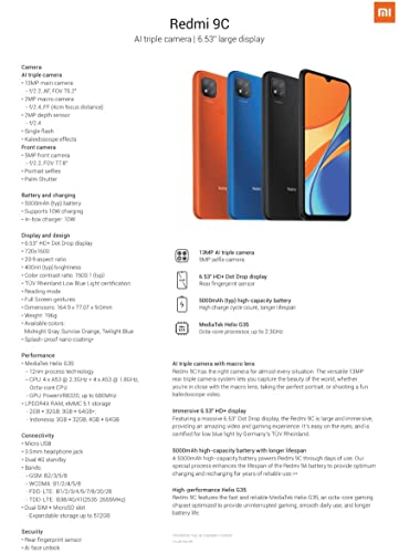 Xiaomi Redmi 9C Smartphone, 3 GB + 64 GB, 6.53 "HD + Dot Drop Display 5000mAh (typ), con Sblocco Faccial AI, 13 MP, Tripla Fotocamera, Grigio (Midnight Grey)