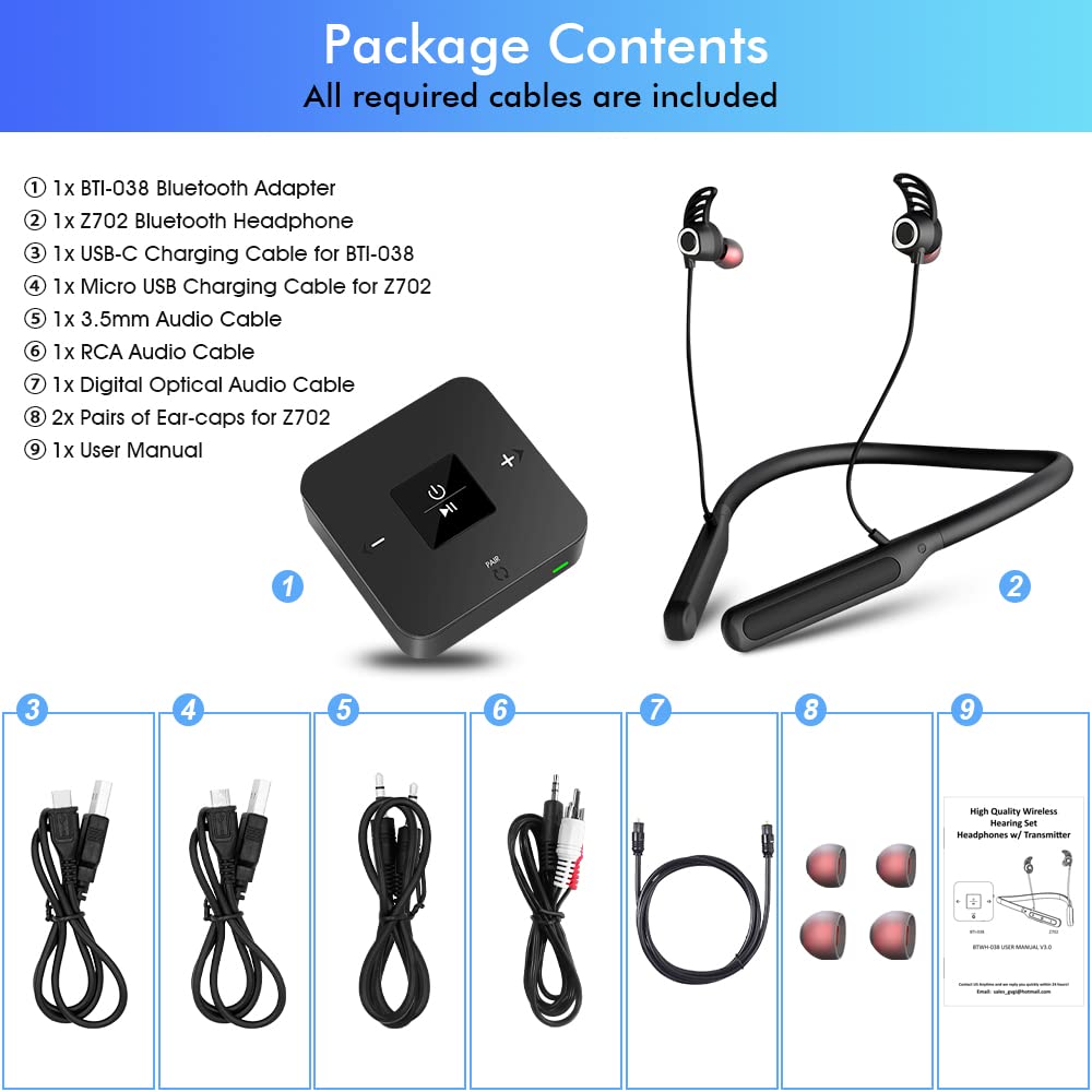Golvery Bluetooth Headphones Transmitter for TV Watching, Neckband Wireless Stereo Earphones Earbuds Set w/Transmitter Adapter for Optical Digital RCA 3.5mm Aux TVs, Plug n Play No Audio Delay