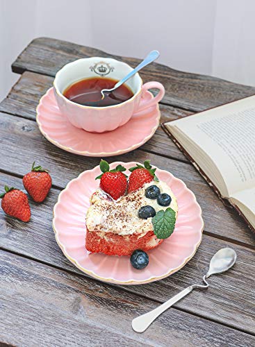 Amazingware Porcelain Tea Set - Tea Cup and Saucer Set Service for 6, with 28 oz Teapot Sugar Bowl Cream Pitcher Teaspoons and Tea Strainer - for Thanksgiving - Pumpkin Fluted Shape, Pink