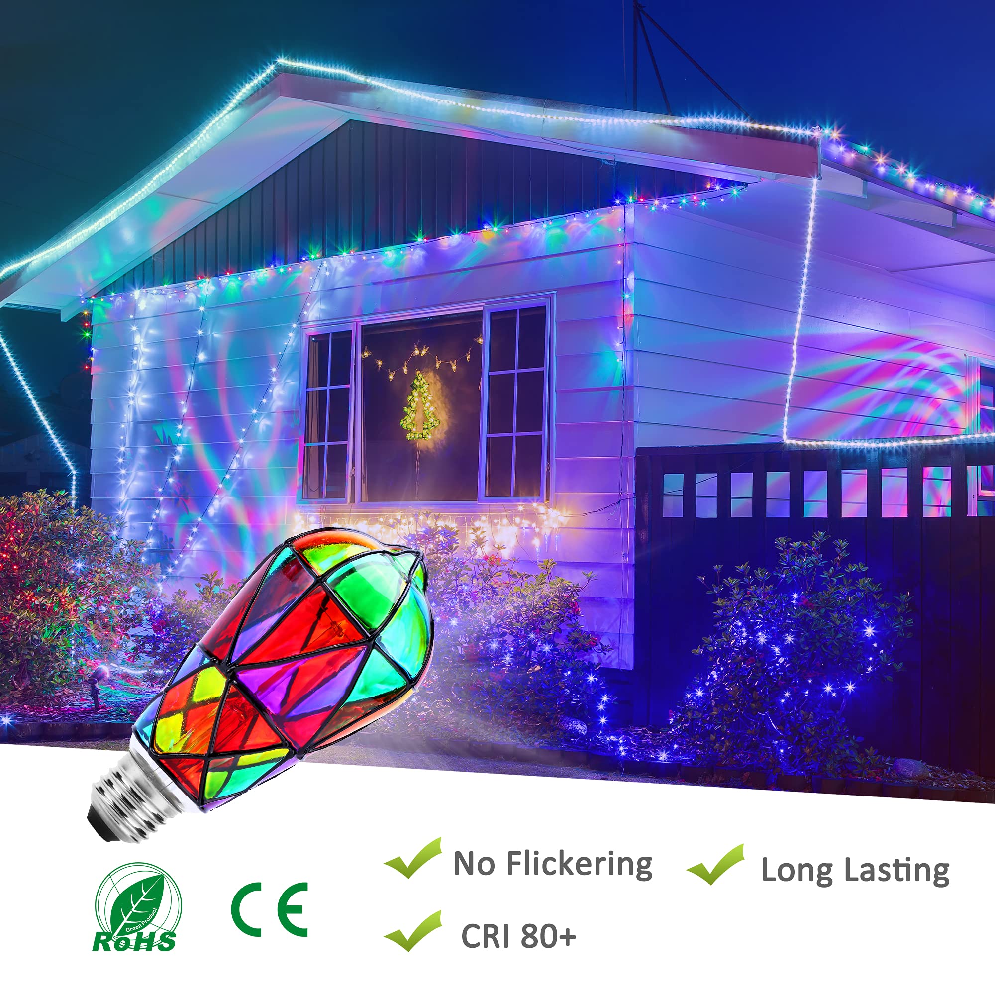 Kitmose 4 Pack Stained Glass Light Bulbs, LED Edison Light Bulb E26 3.5W Replacement Light Bulbs Tiffany Style for Bedroom Living Room Home Christmas Decoration