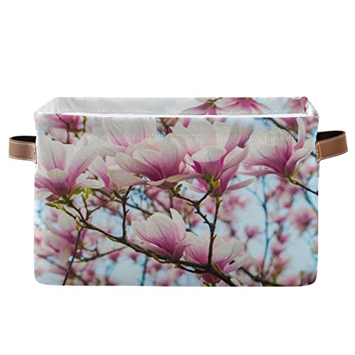 ALAZA Pink Blooming Tree Flowers Storage Basket for Shelves for Organizing Closet Shelf Nursery Toy, Fabric Collapsible Storage Organizer Bins Decorative Baskets with Handles Cubes