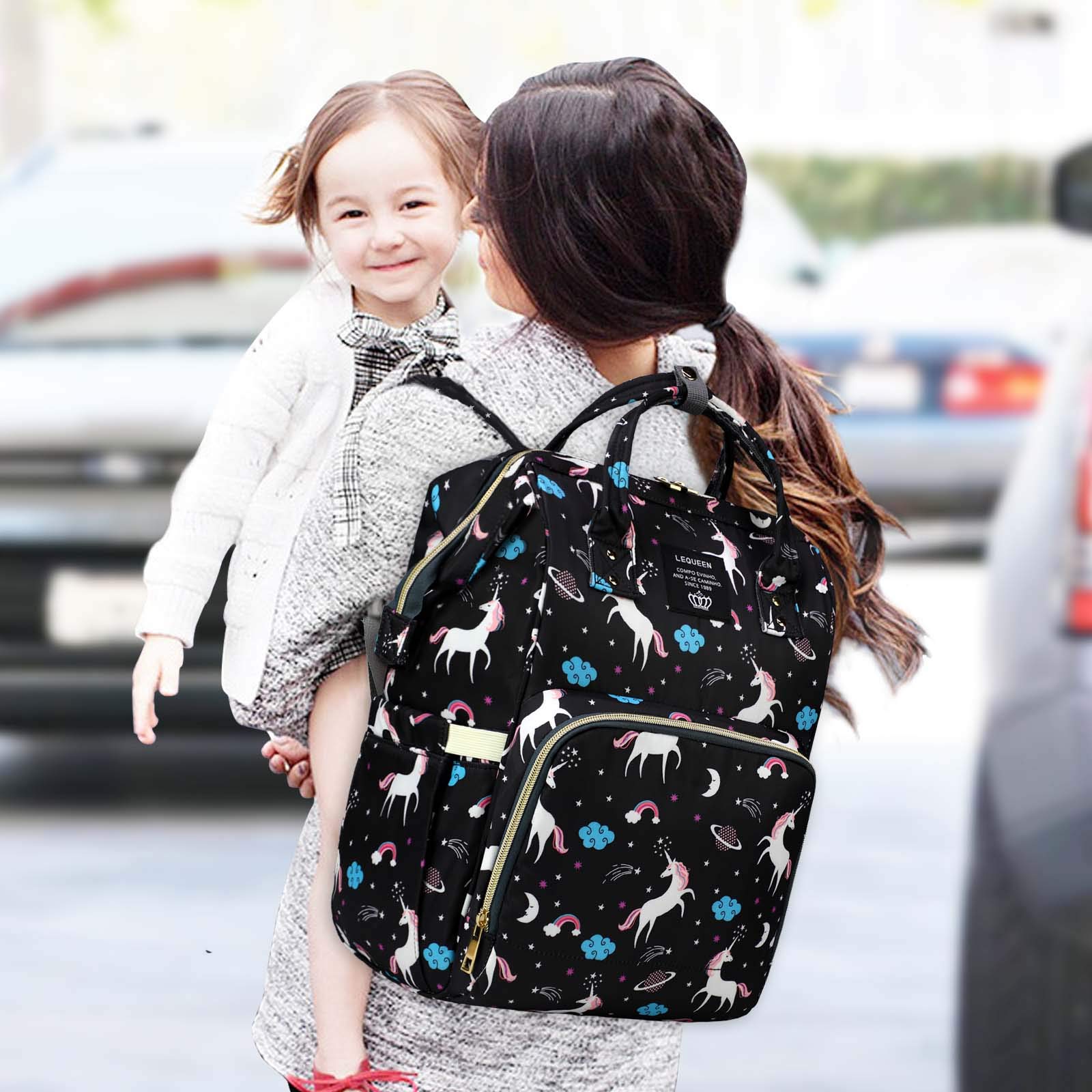 MIGER Diaper Bag Backpack Baby Girl Boy Diaper Bag Cute Maternity Nappy Diaper Backpack Waterproof Unicorn Diaper Bags with Large Capacity Bottle insulation for Mom Dad (Black)