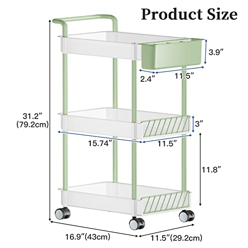 3 Tier Rolling cart, Utility Storage Cart with Hanging Basket, Easy Assemble Art Cart Craft Organizer for Office, Home, Kitchen, Classroom (White)