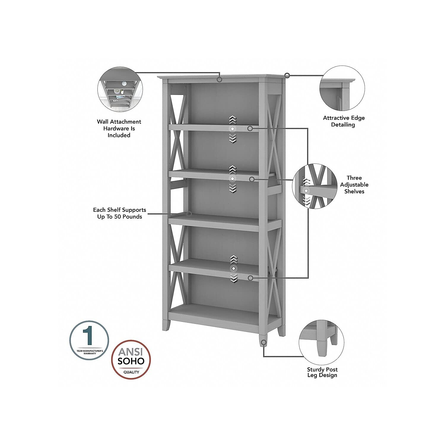 Bush Furniture Key West Bookcase Shelf in Cape Cod Gray | Farmhouse Bookshelf Display Cabinet for Library, Bedroom, Living Room, and Office