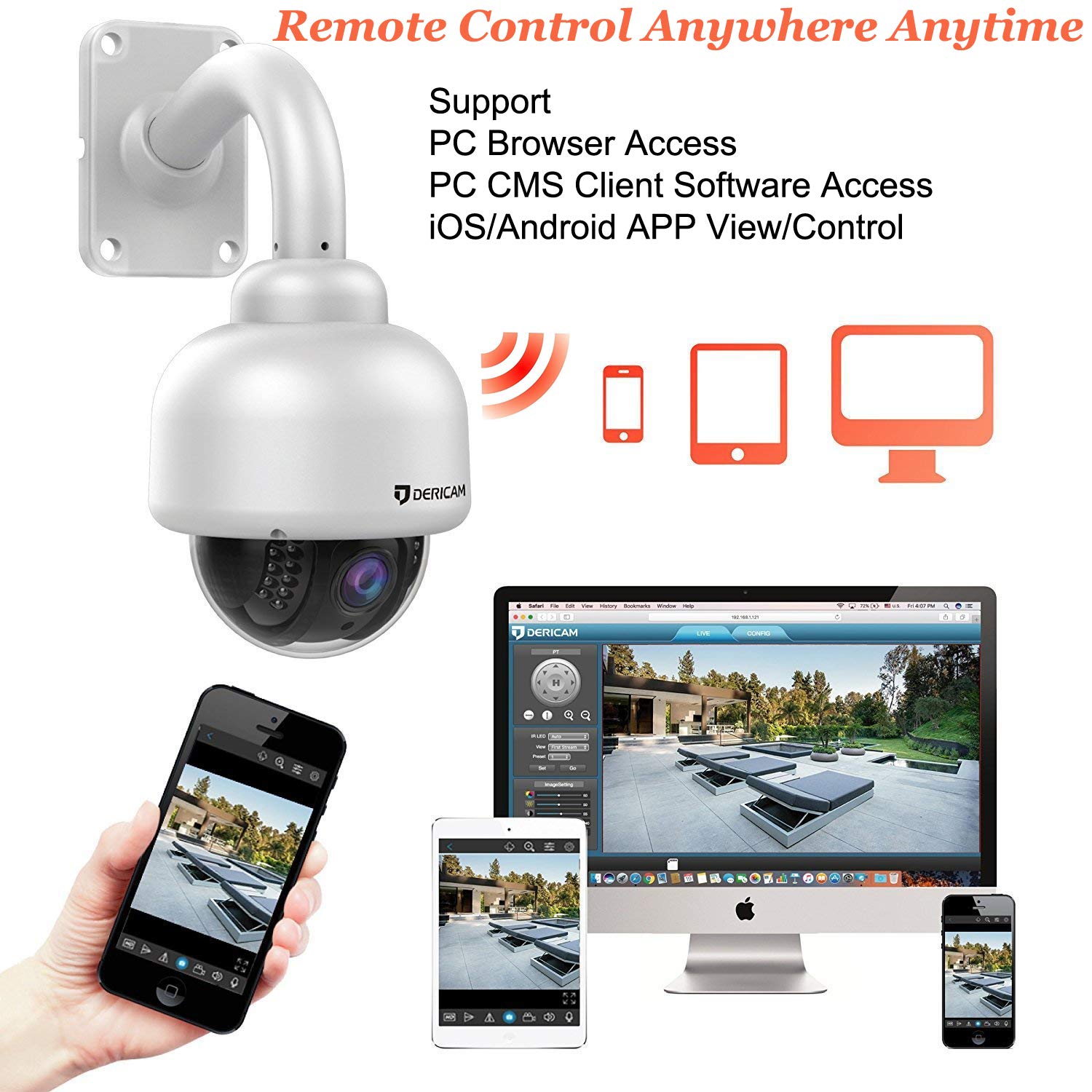 Dericam Wireless Security Camera Outdoor, WiFi PTZ Camera, 1080P Full HD, 4X Optical Zoom, Pan/Tilt/Zoom, Night Vision, Pre-Installed 32GB Memory Card, Motion Detection