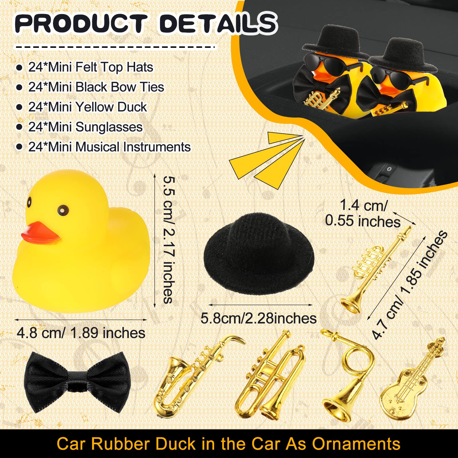 24 Sets Jazz Band Musical Instruments Rubber Ducks with Mini Felt Top Hats, Bowties, Instrument, Sunglasses, Bathtub Tiny Ducks Rubber Duckies Bulk for Ducky Baby Shower Game Birthday Party Pool Gift